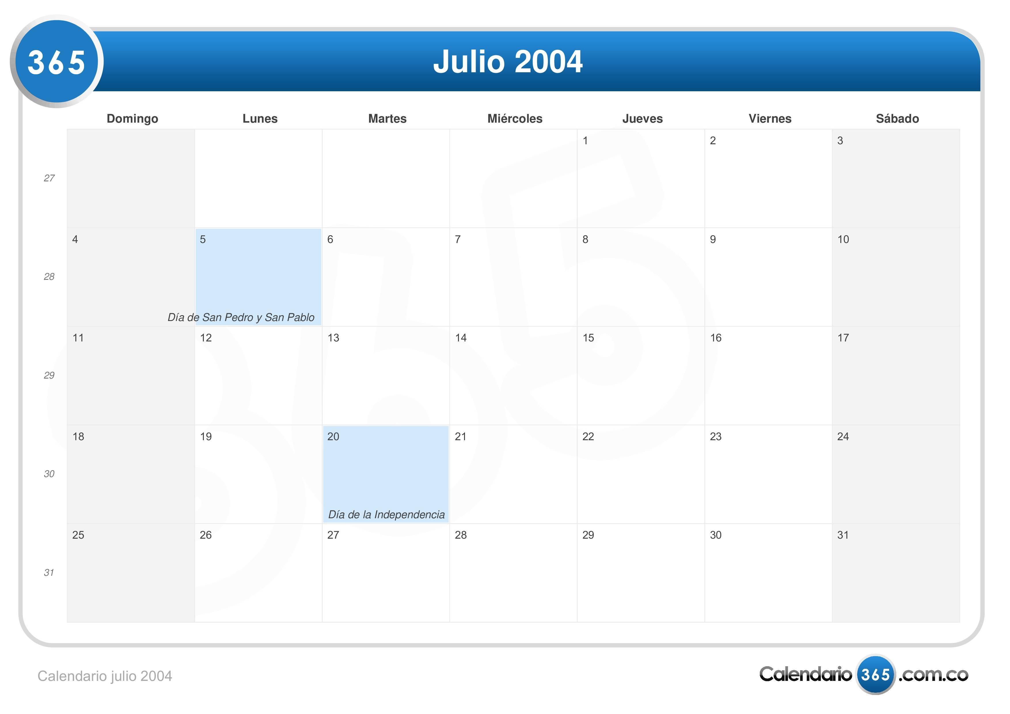 Calendario julio 2004