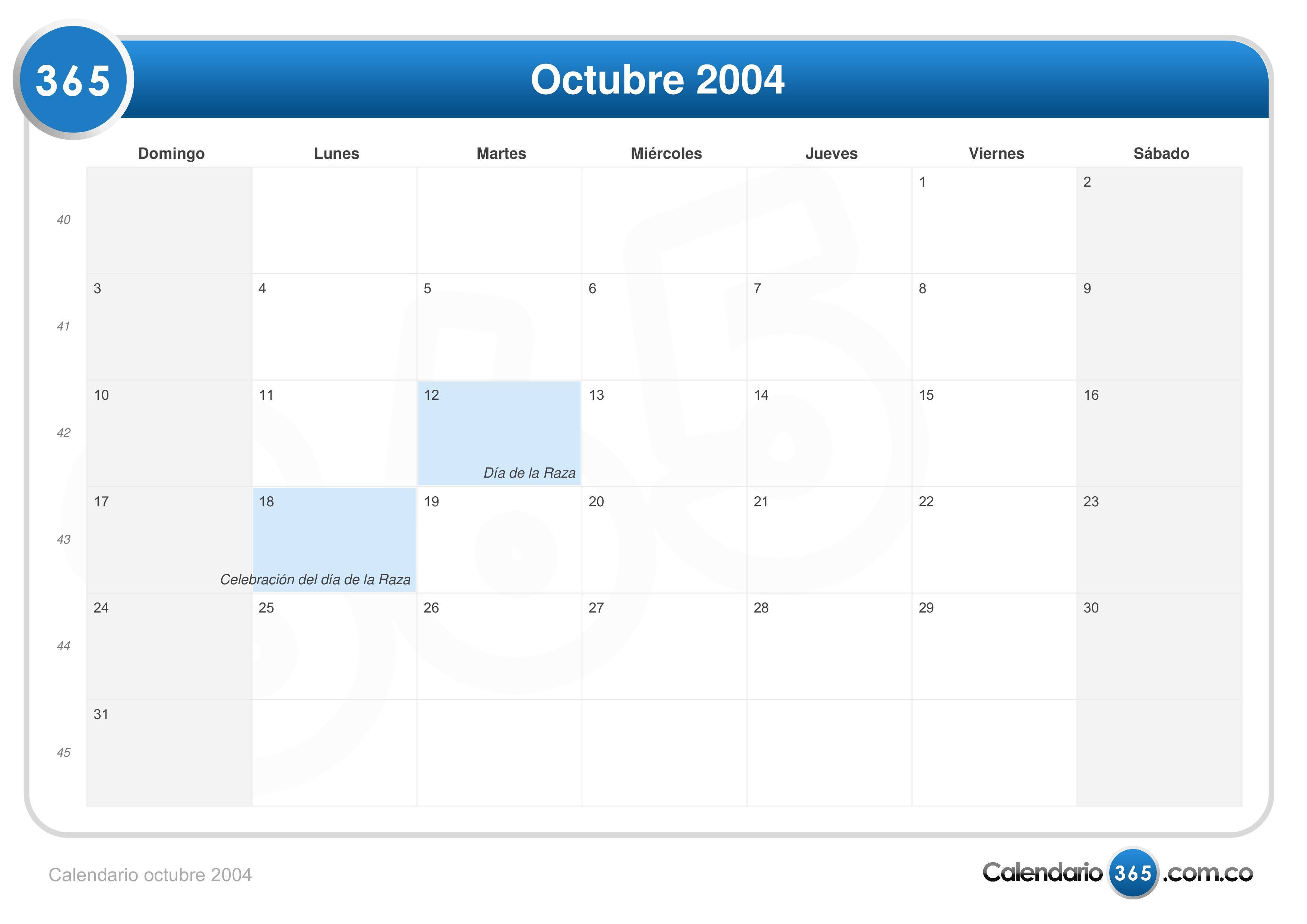 Calendario octubre 2004