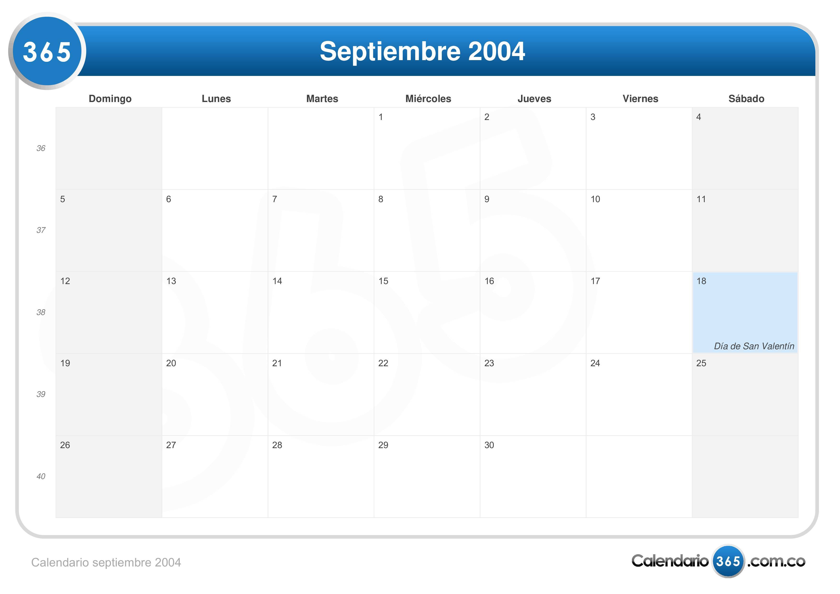 Calendario septiembre 2004